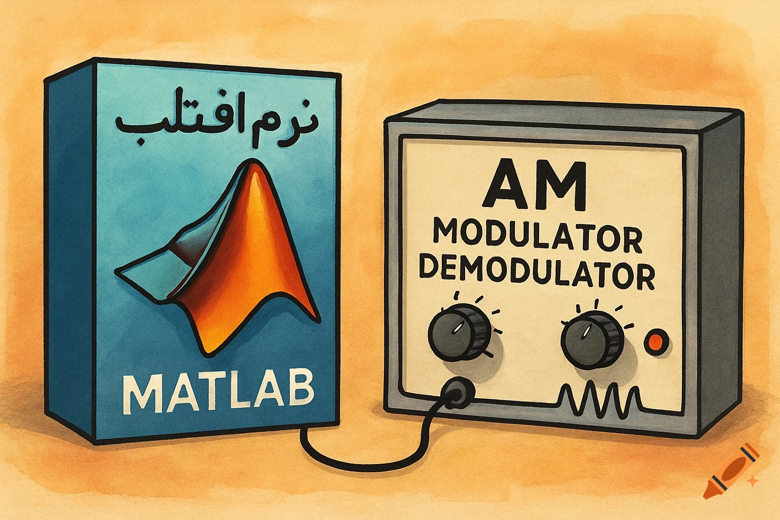 Watercolor illustration of a MATLAB box connected to an AM modulator ...