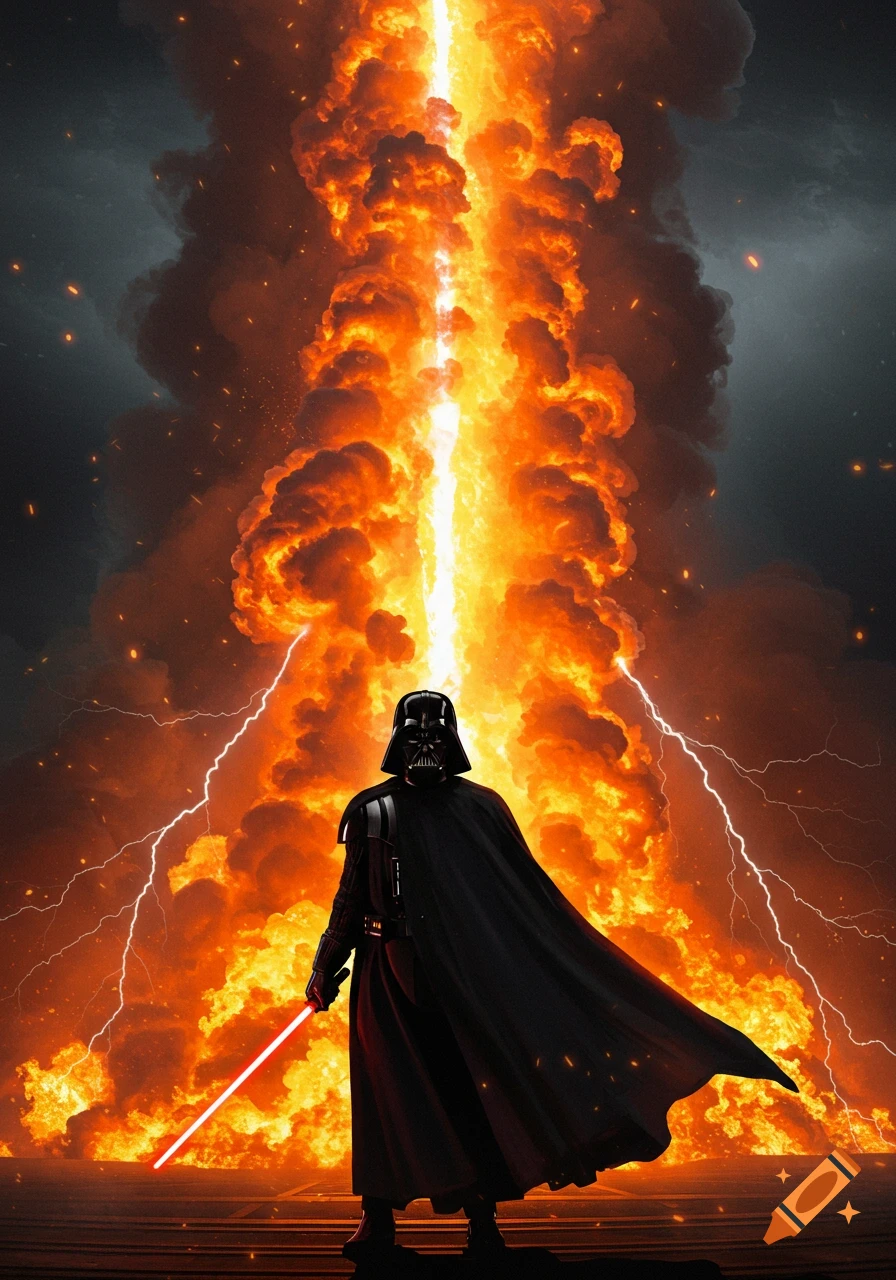 Darth Vader stands before a massive orange fire storm and lightning ...