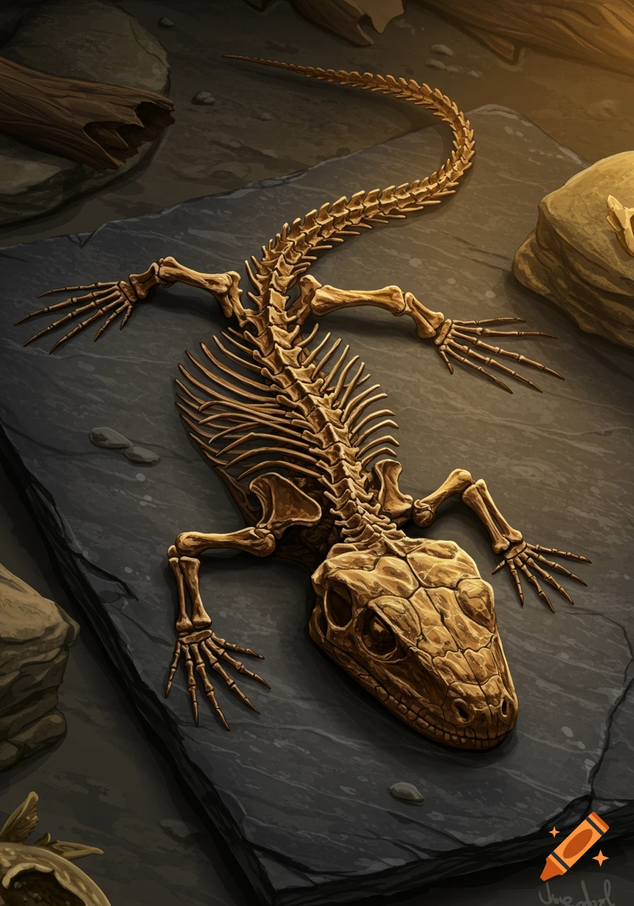 Illustration of a fossilized lizard skeleton on a dark rock on Craiyon