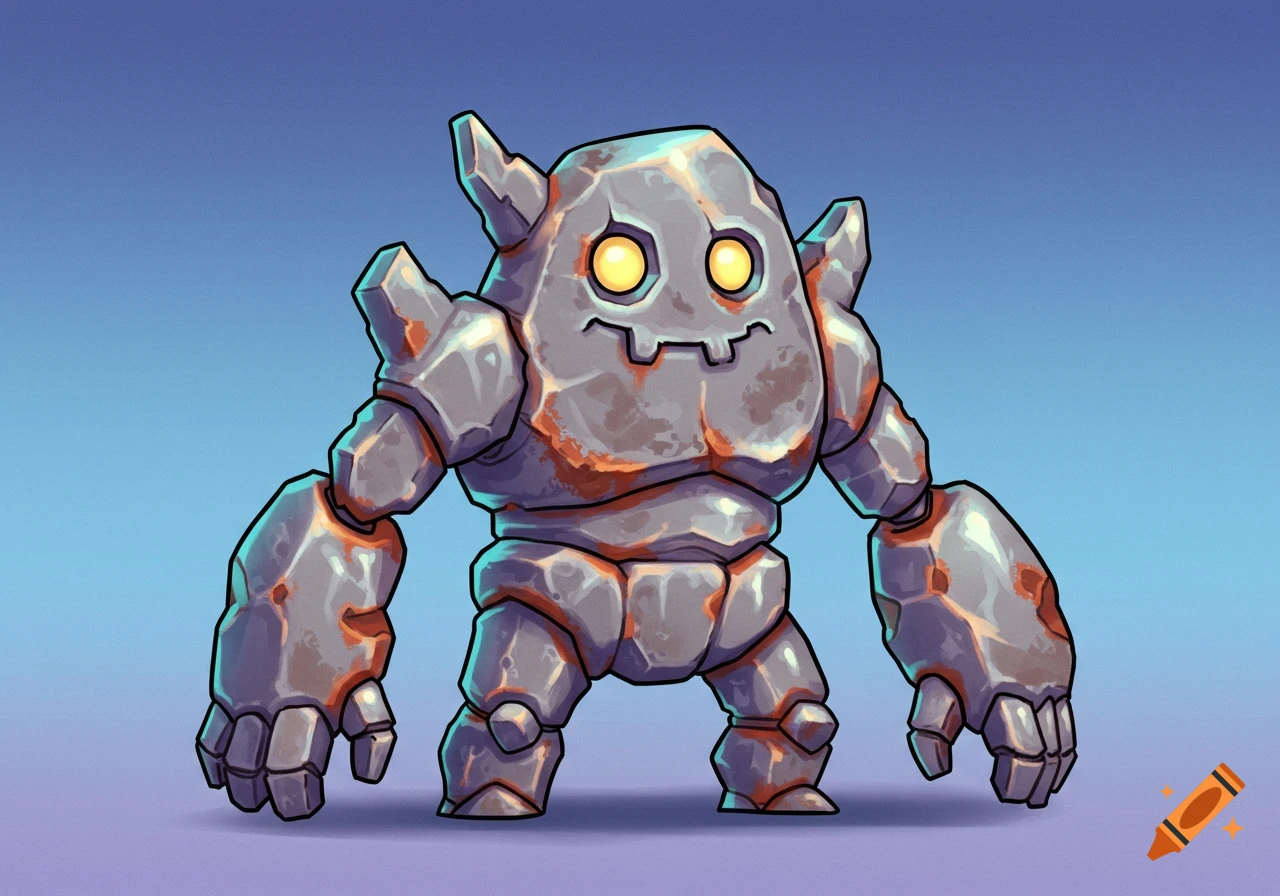 A cartoon illustration of a rock elemental creature with glowing eyes ...