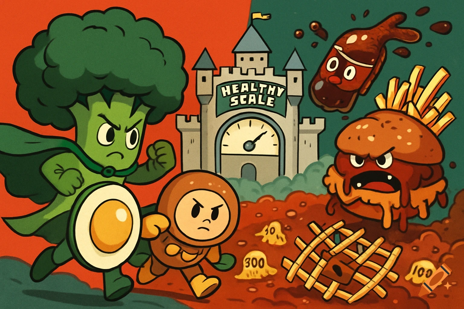 Cartoon food characters like broccoli and a burger battle around a ...