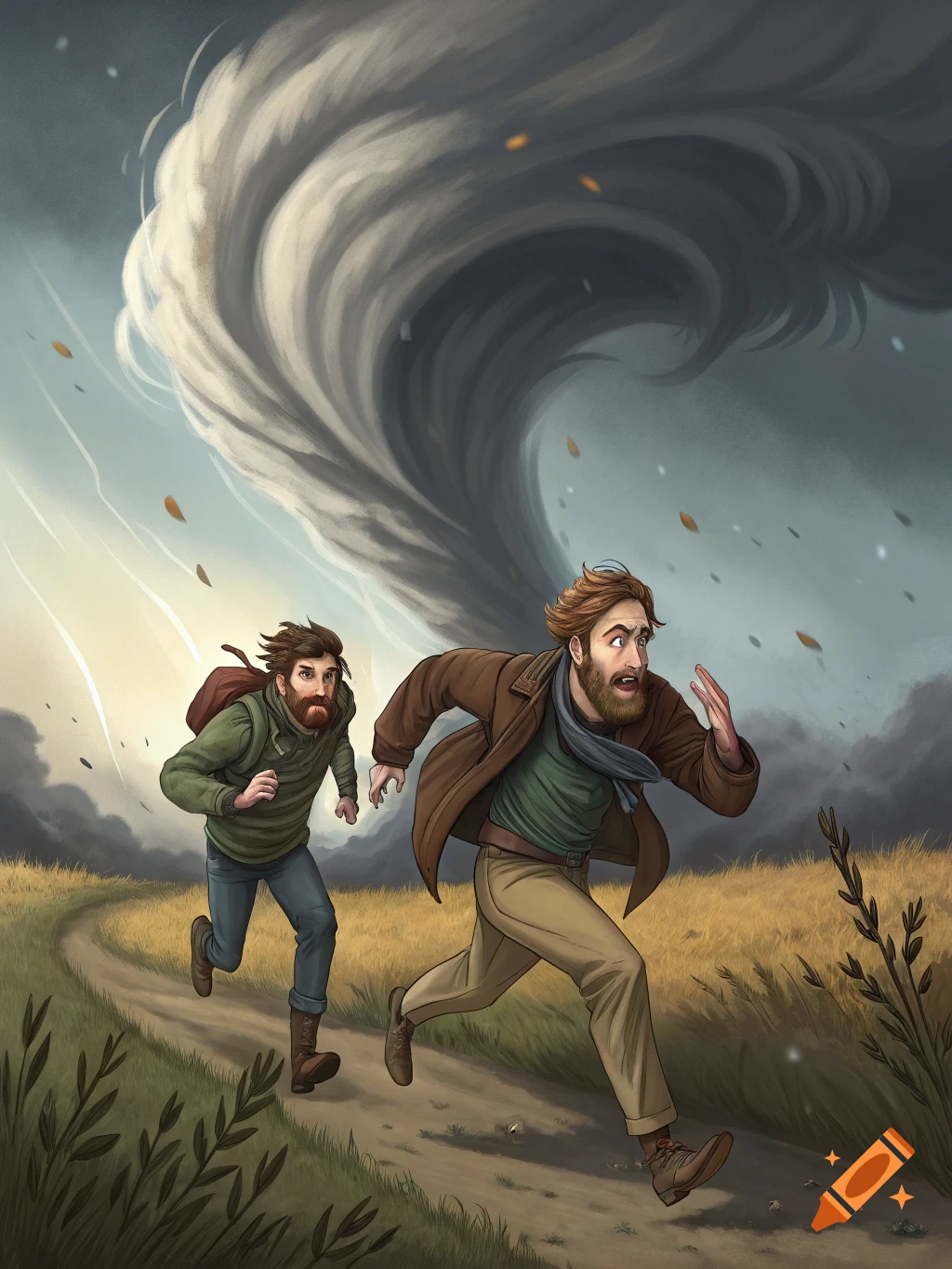 Two men run from a massive tornado across a field under a stormy sky ...
