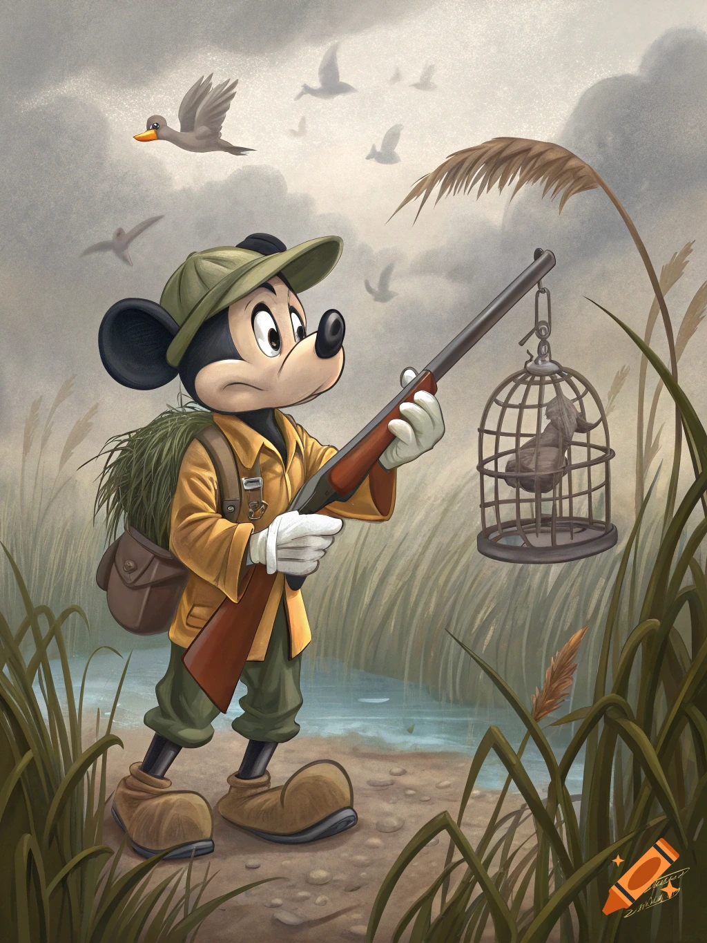 Mickey Mouse dressed for hunting holds a rifle in a marshy area with ...