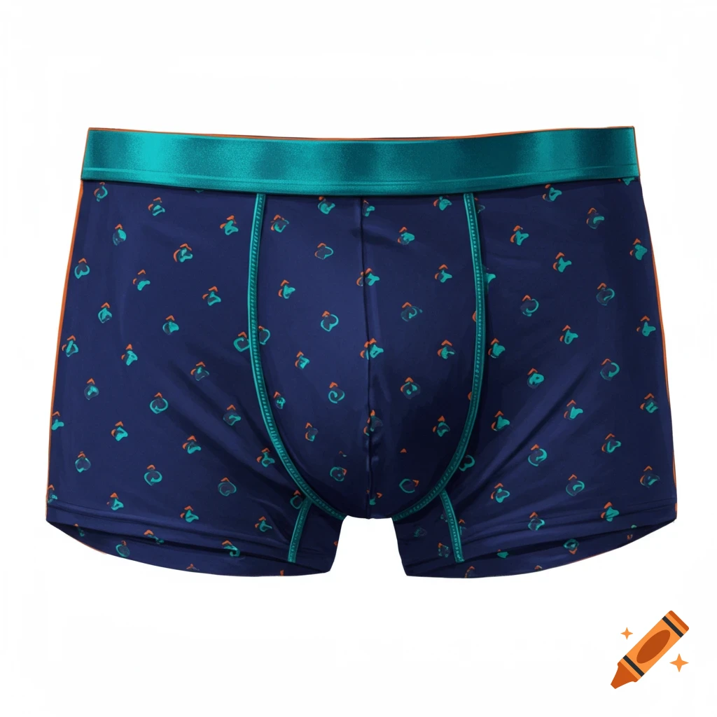 Dark blue men's boxer briefs with a small teal and orange pattern and a ...