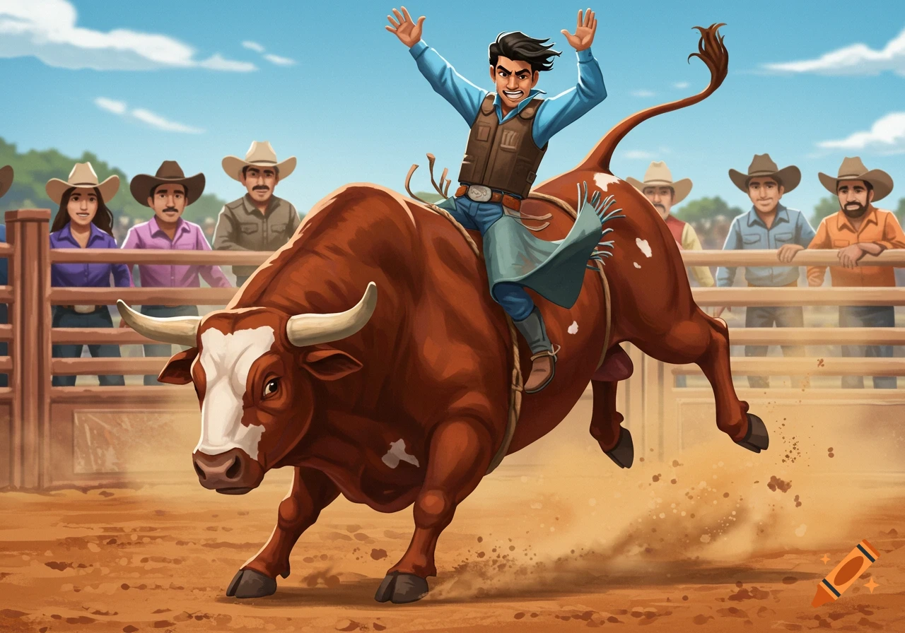 Cartoon illustration of a man riding a bucking bull in a rodeo arena ...