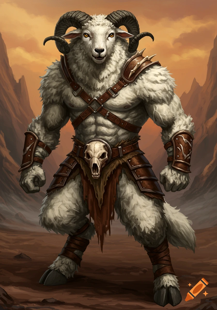 A muscular ram-headed warrior creature in armor stands in a rocky ...