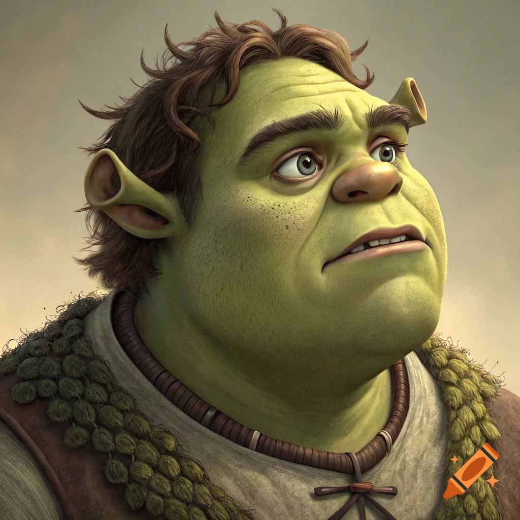 Portrait of a teenage Shrek with brown hair looking up, in a realistic ...