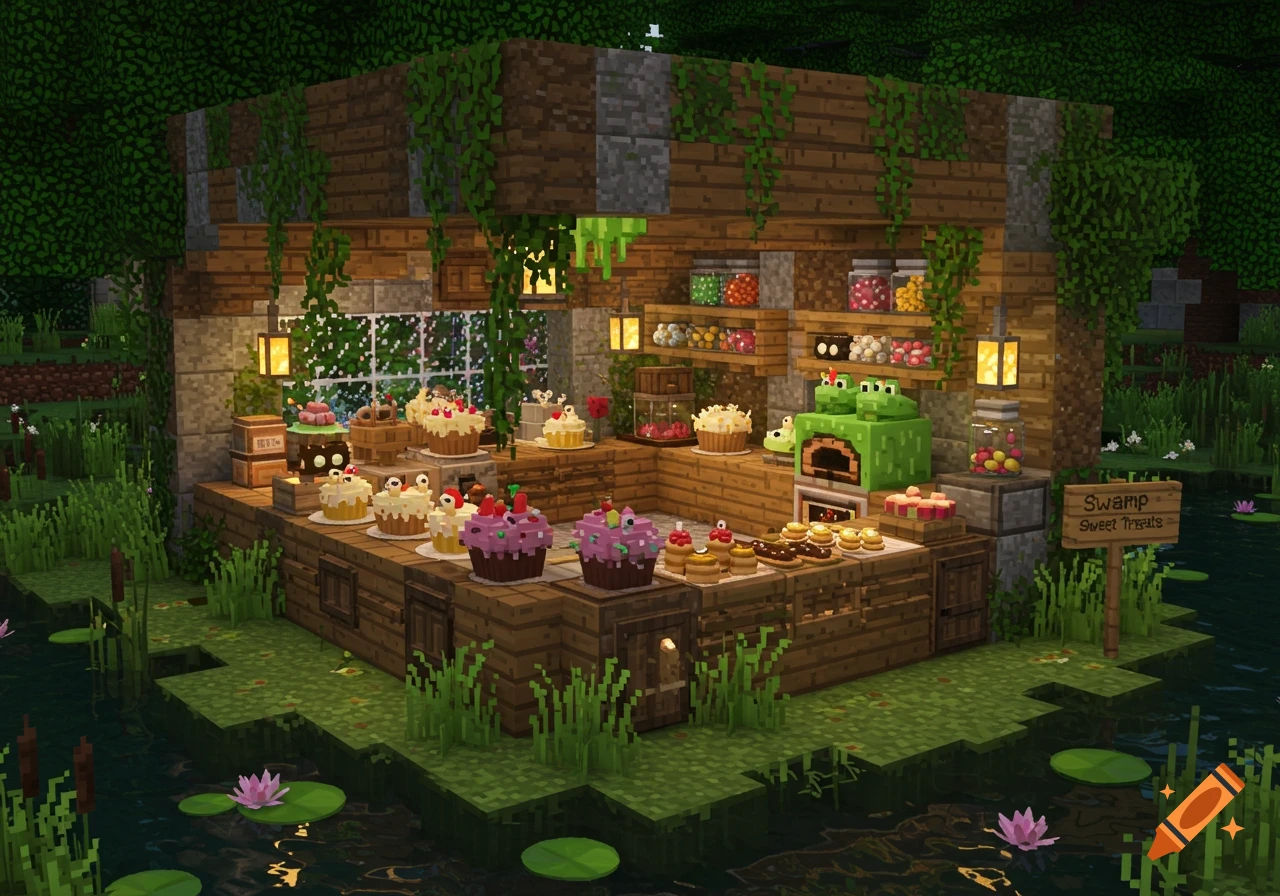 A Minecraft bakery built in a swamp, filled with cupcakes, pastries ...