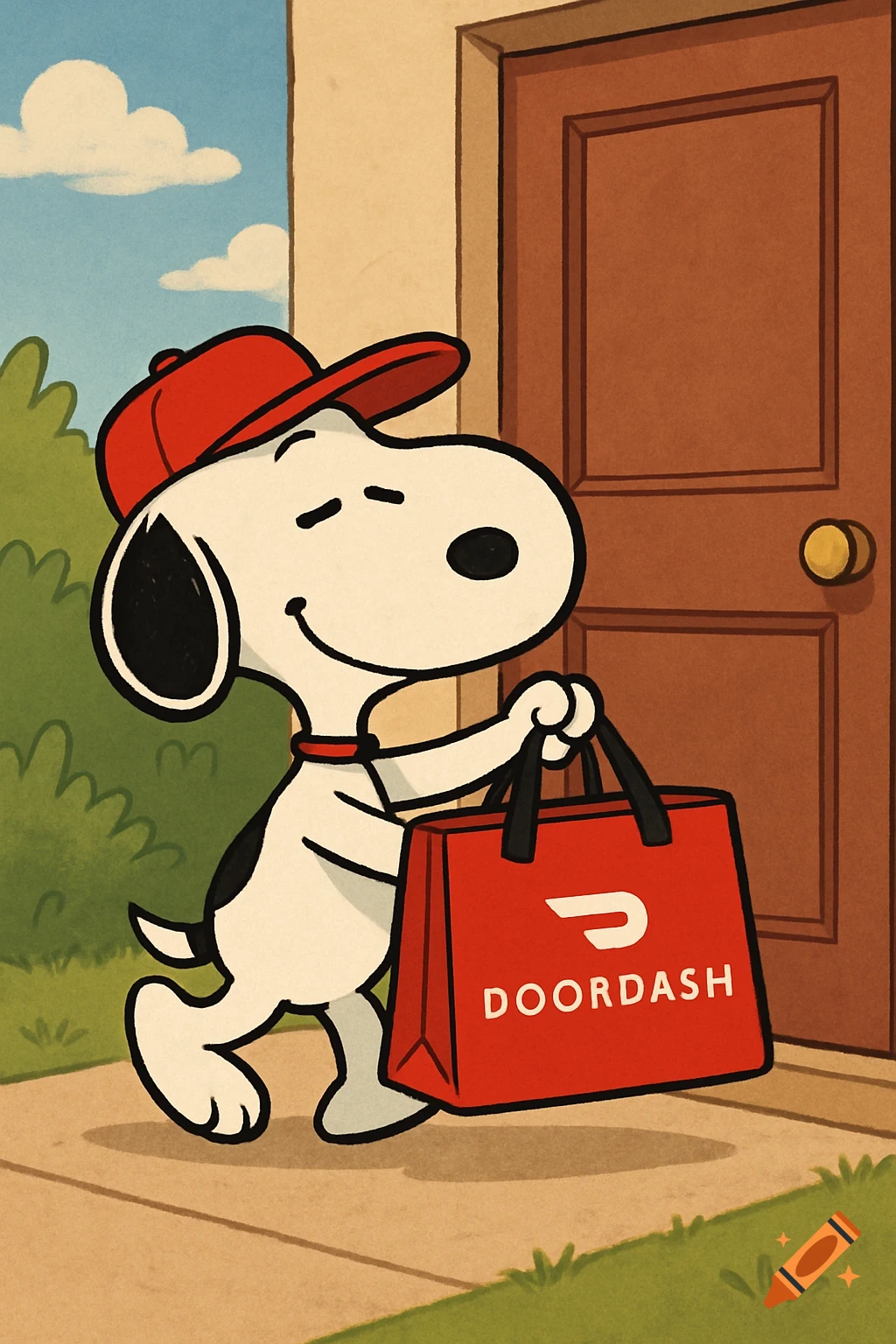Snoopy wearing a red cap and carrying a red DoorDash delivery bag on ...