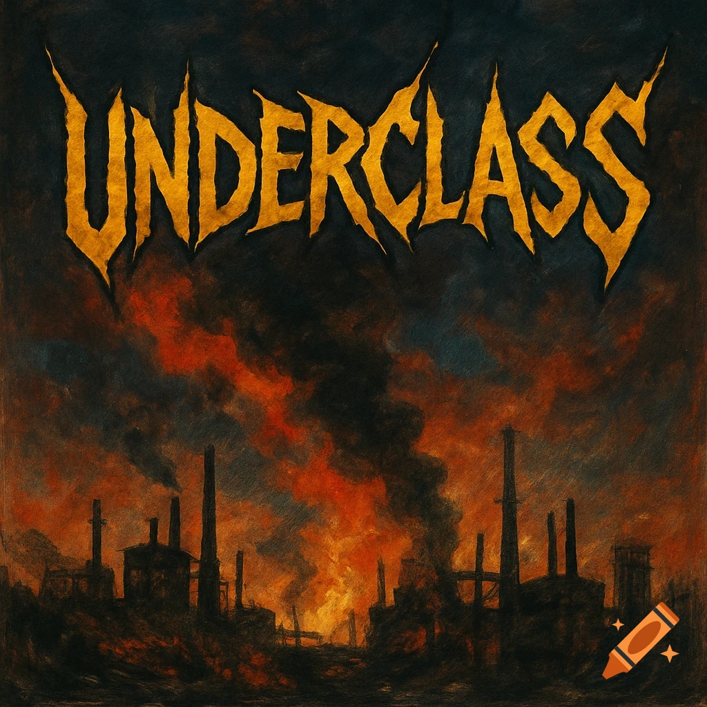 Stylized gold text 'UNDERCLASS' above a dark, fiery industrial scene ...