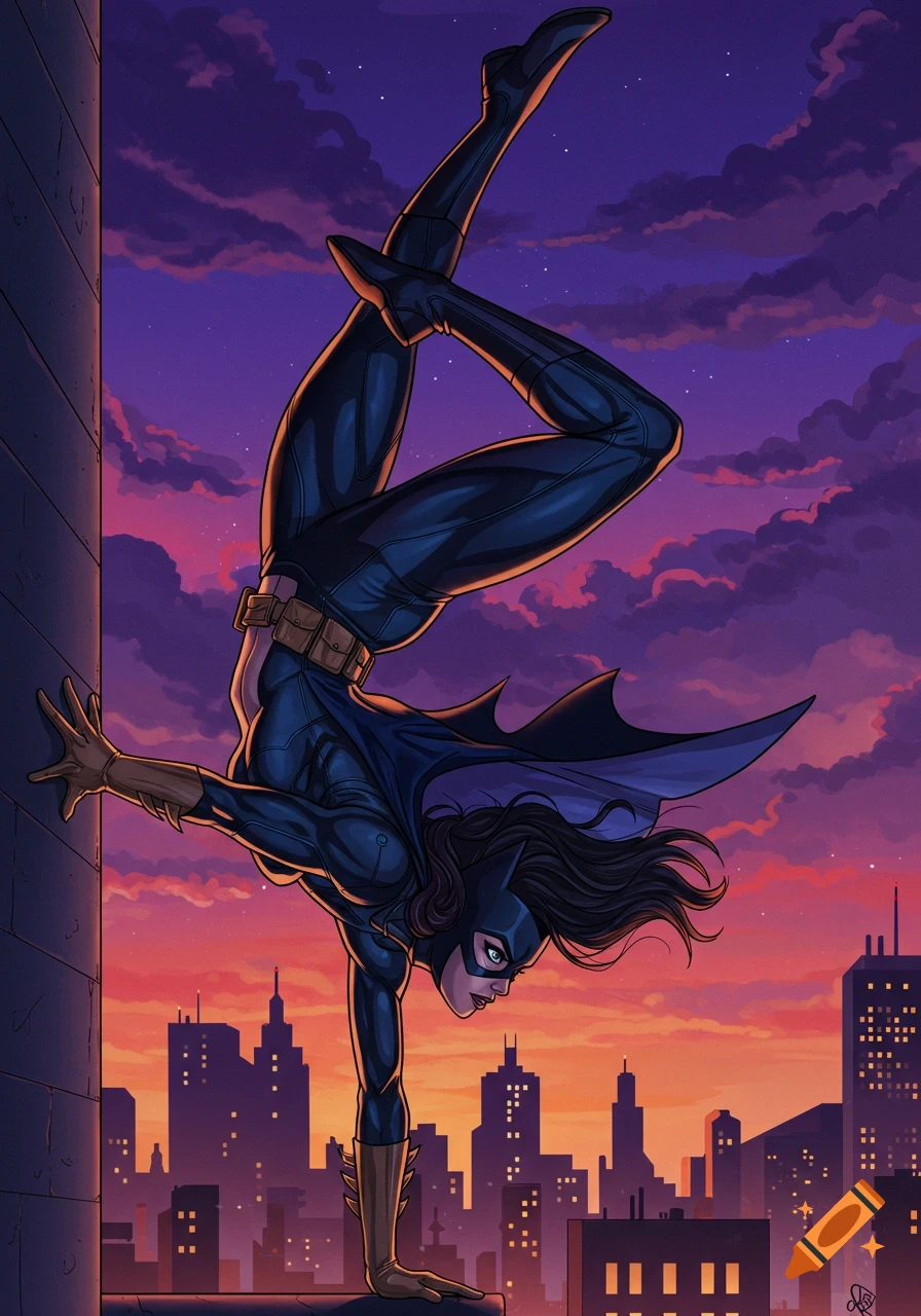 Comic art illustration of Batgirl doing a handstand on a building ledge ...
