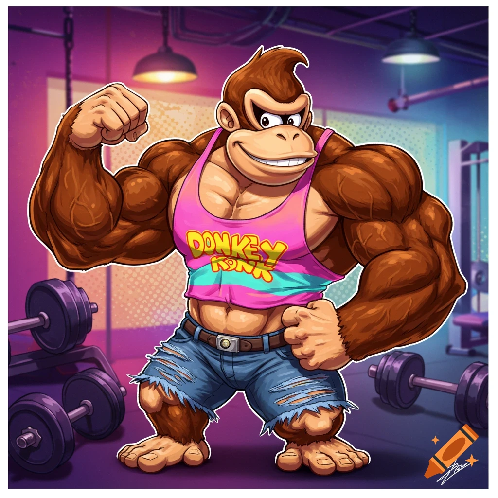 Donkey Kong poses in a gym showing off muscles on Craiyon