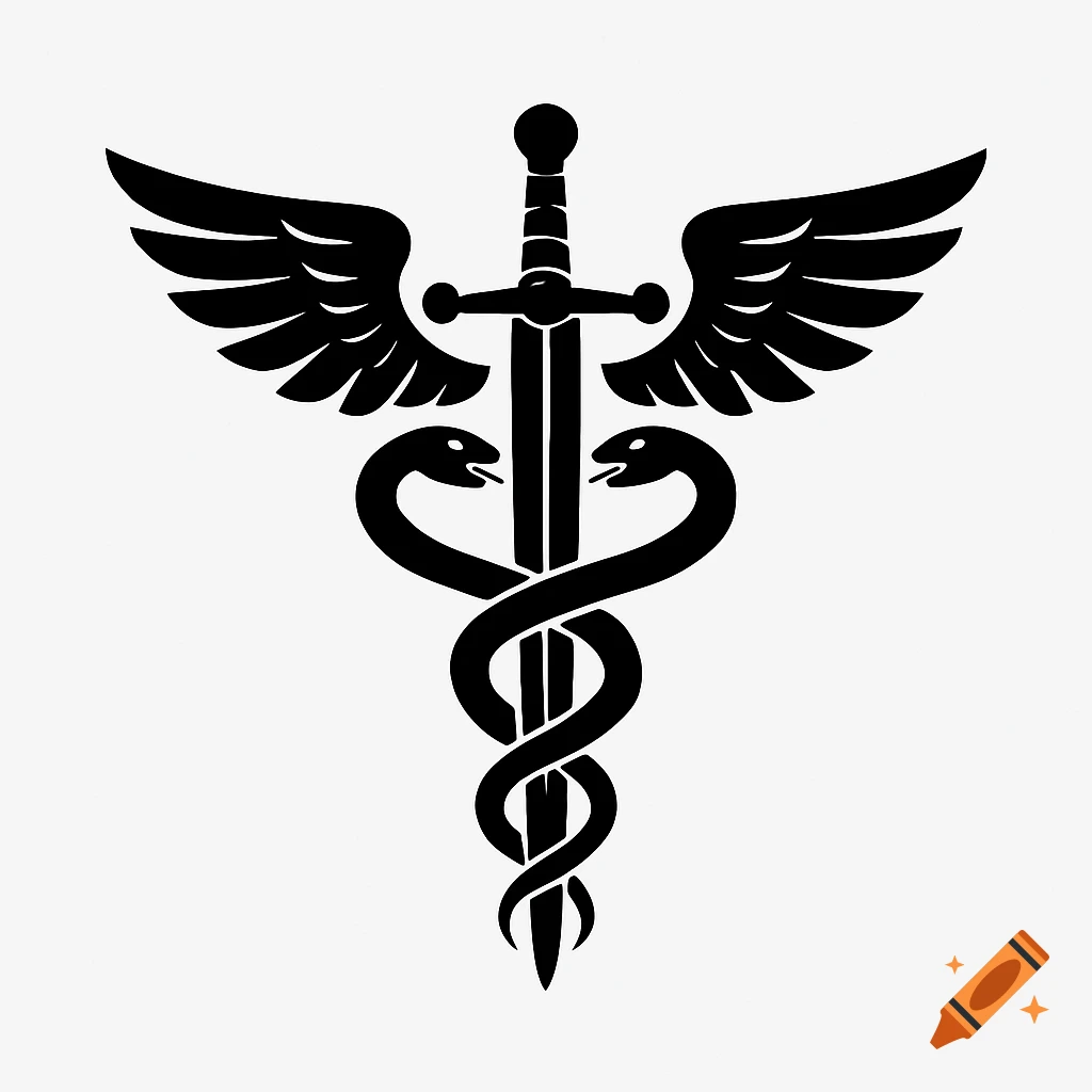 Black symbol of a sword with two snakes wrapped around it and wings on ...