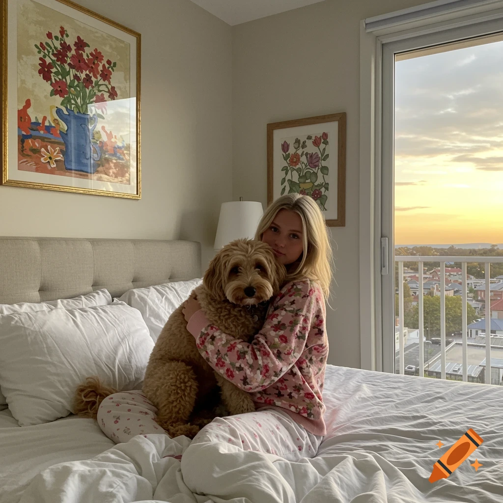 A blonde girl holds her labradoodle on a bed in a room with paintings ...