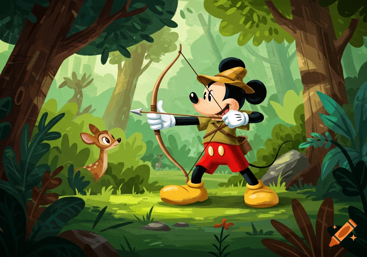 Mickey Mouse as an archer aiming a bow in a forest with a deer nearby ...