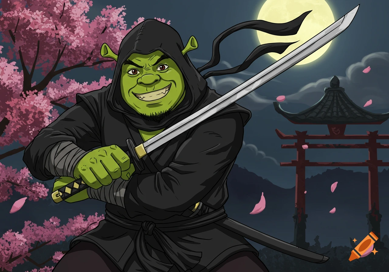 Shrek dressed as a ninja holds a sword in an anime style with a ...