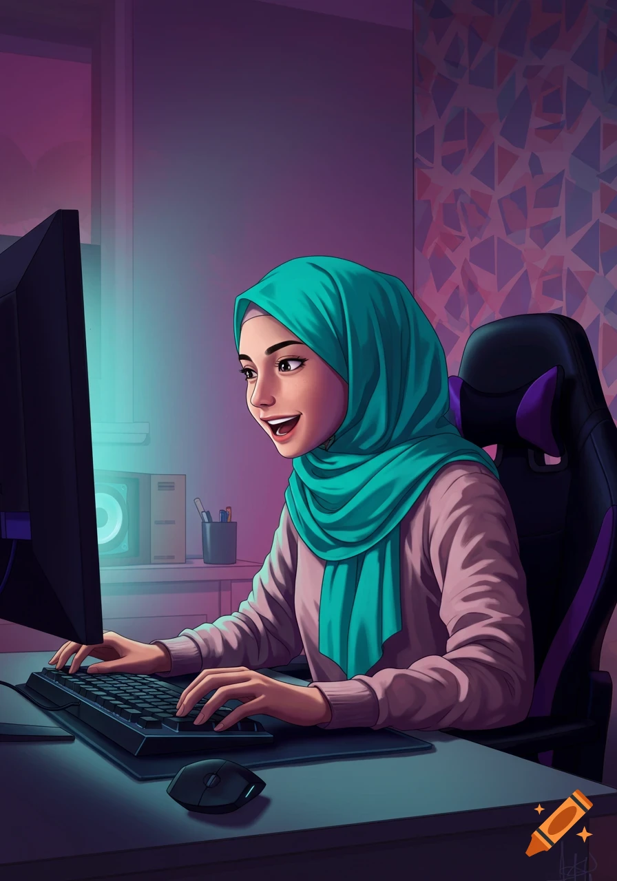 Illustrated young Muslim woman wearing hijab smiles while gaming at a ...