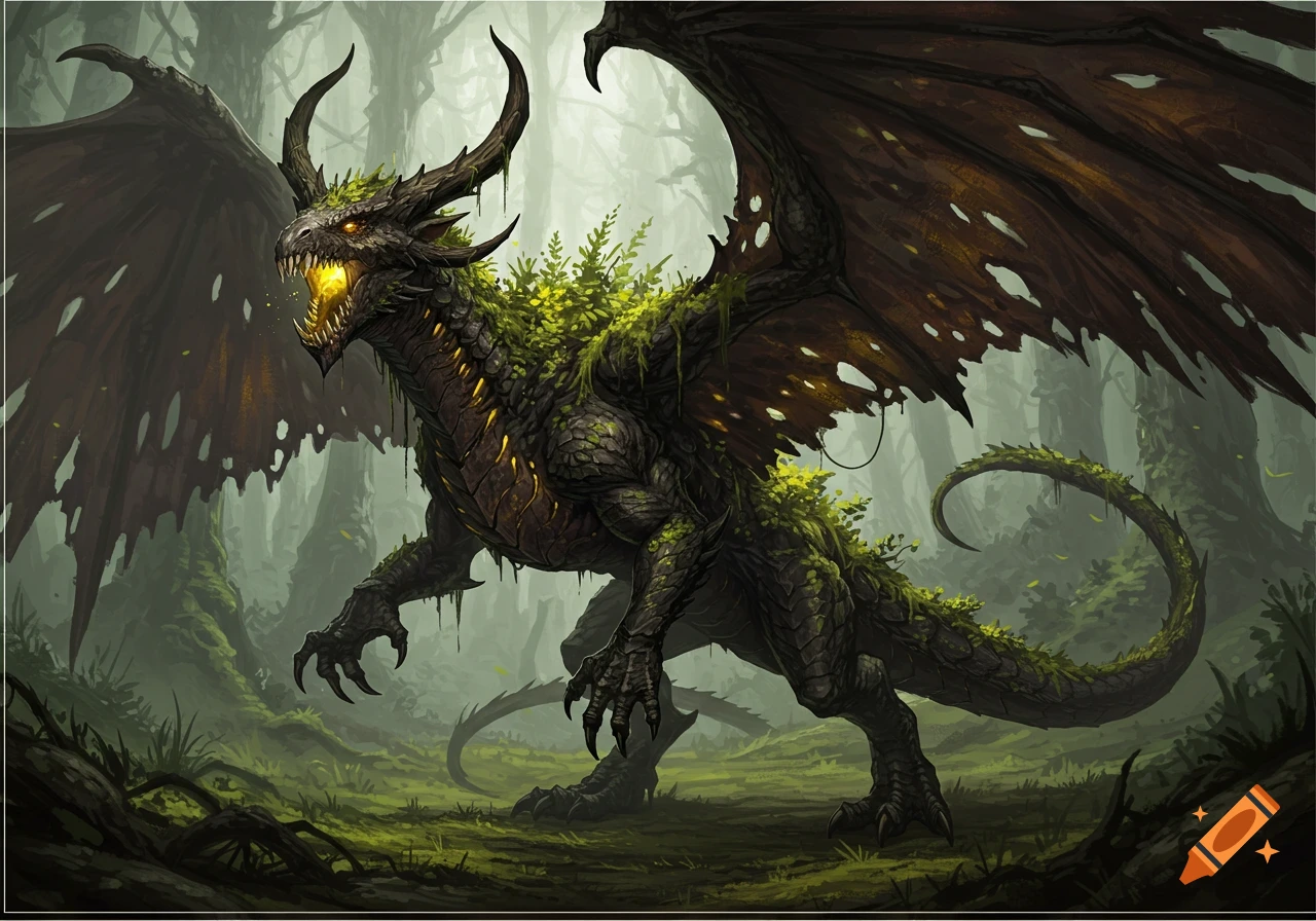 A dark fantasy dragon covered in moss with tattered wings in a forest ...