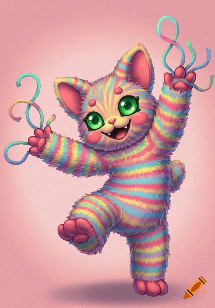A colorful, fuzzy, striped monster with cat-like features holds yarn ...
