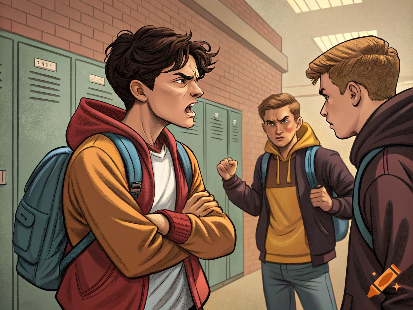 Three teenage boys confronting each other in a school hallway, comic ...