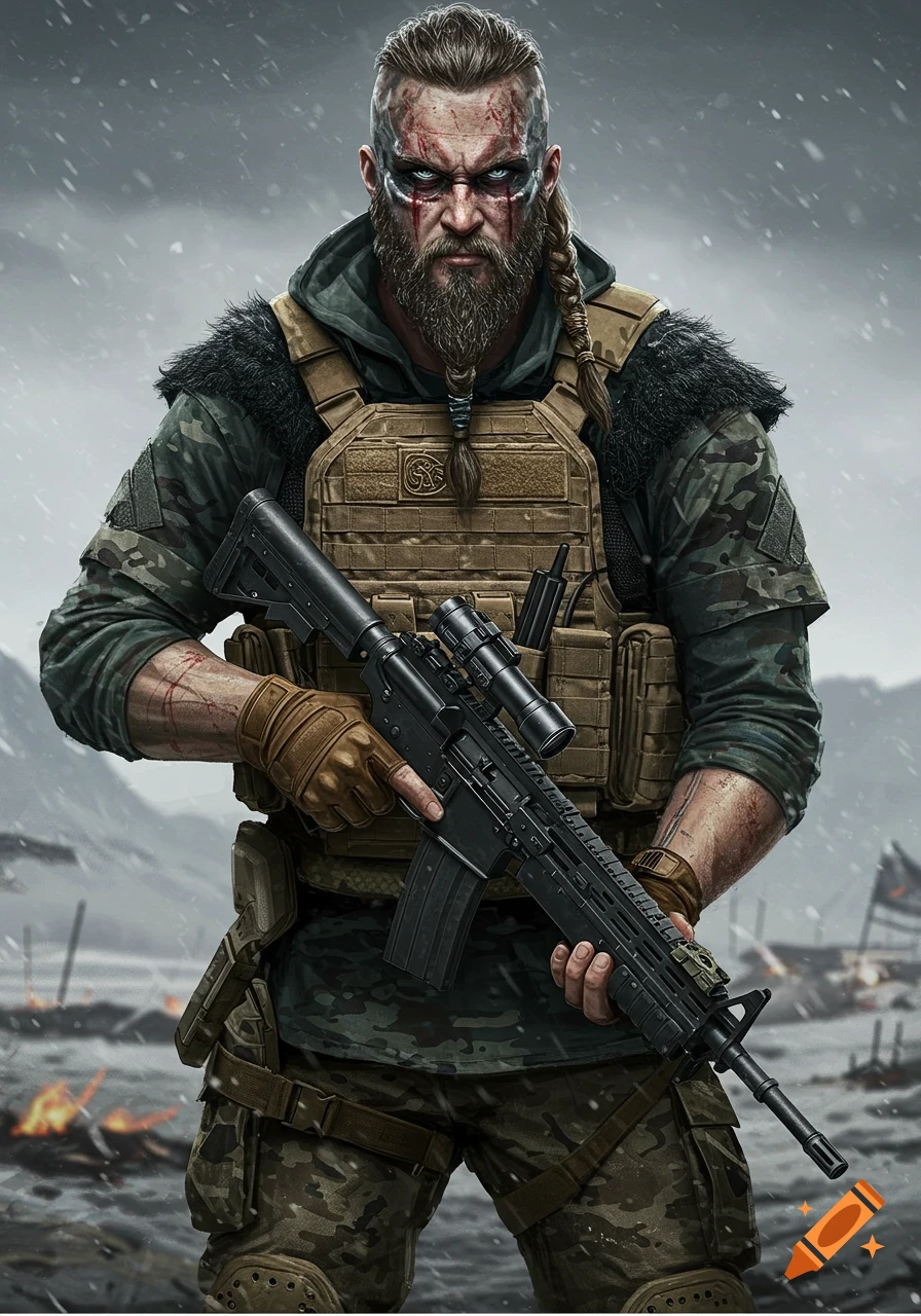 Bearded man with face paint and tactical gear holds a rifle in snowy ...