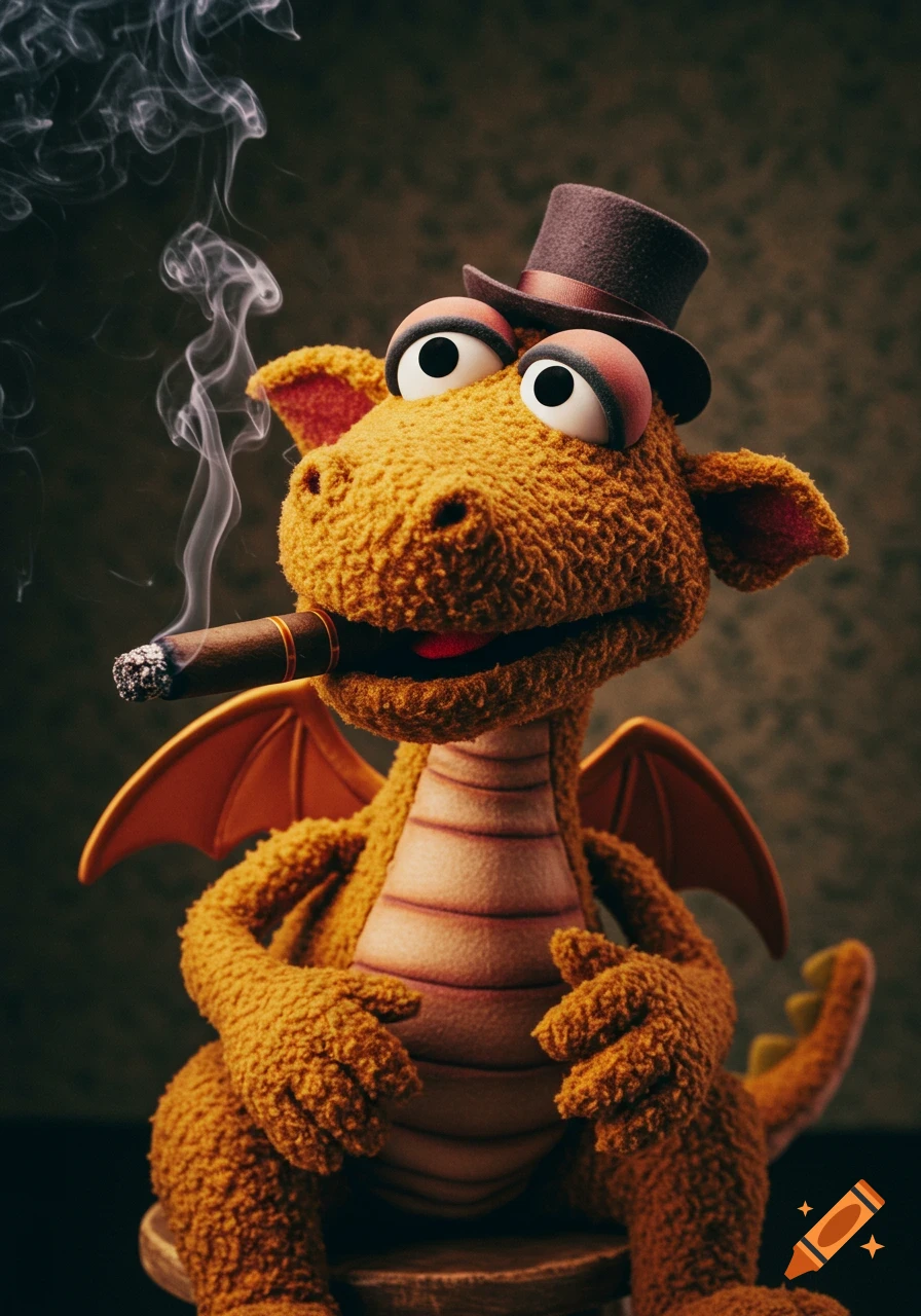 A fluffy orange Muppet dragon in a top hat smokes a cigar. on Craiyon