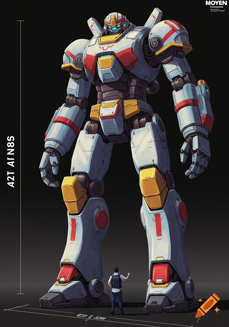 Illustration of a giant white, red, and yellow robot standing next to a ...