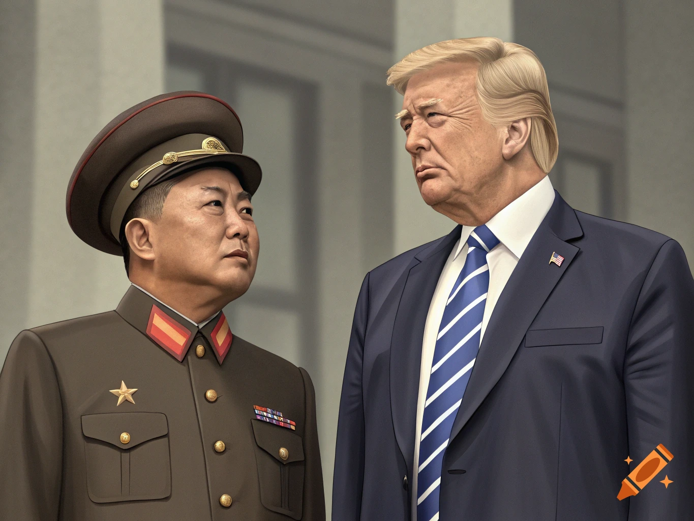 Donald Trump stands beside a figure in a brown military uniform and hat ...