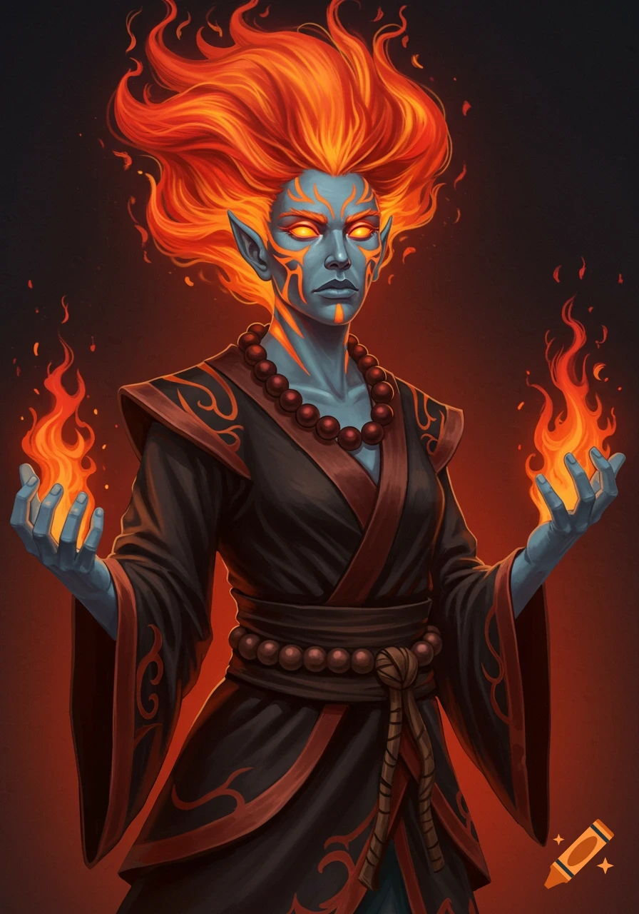Fantasy illustration of a blue-skinned female with fire hair and eyes ...