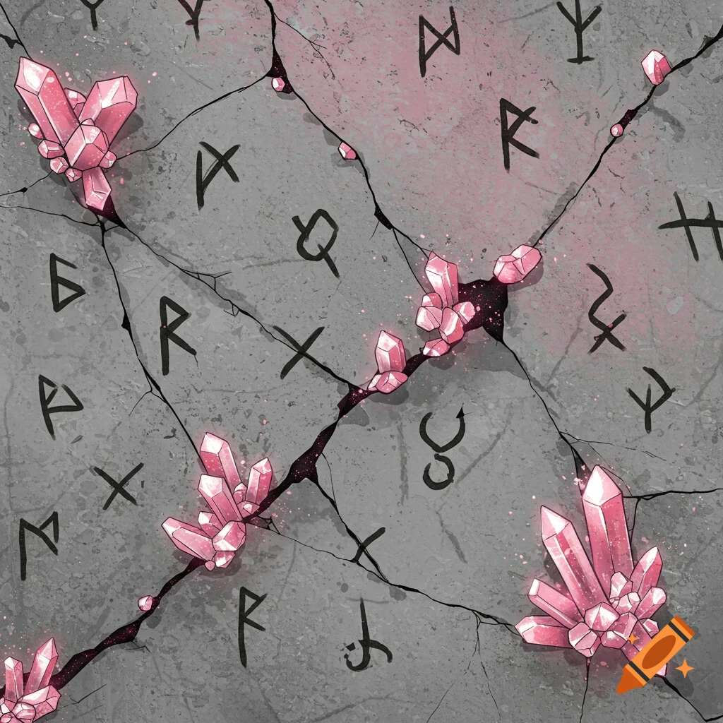 Cracked gray stone texture with pink crystals and black symbols. on Craiyon