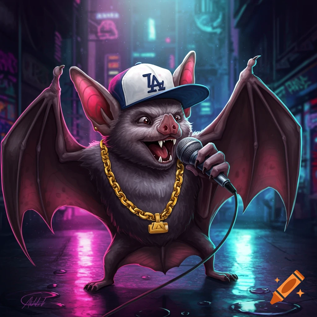 Cartoon illustration of a bat rapping on a neon-lit street, wearing a ...