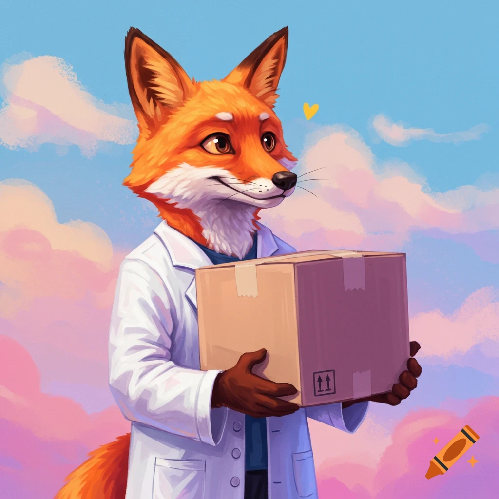 A cartoon fox wearing a lab coat holds a cardboard box under a cloudy ...