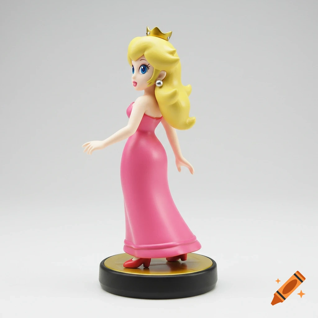 A Nintendo Princess Peach figure on a black and gold base on Craiyon