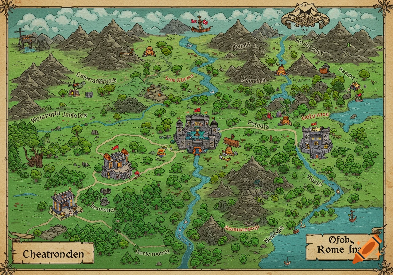 Hand-drawn fantasy map with mountains, forests, rivers, castles, and ...