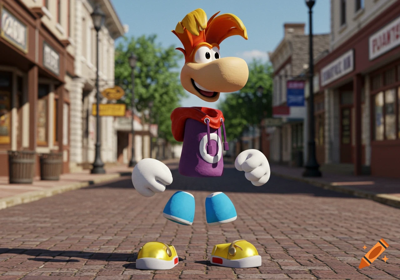 Rayman stands in a cobblestone street lined with buildings. on Craiyon