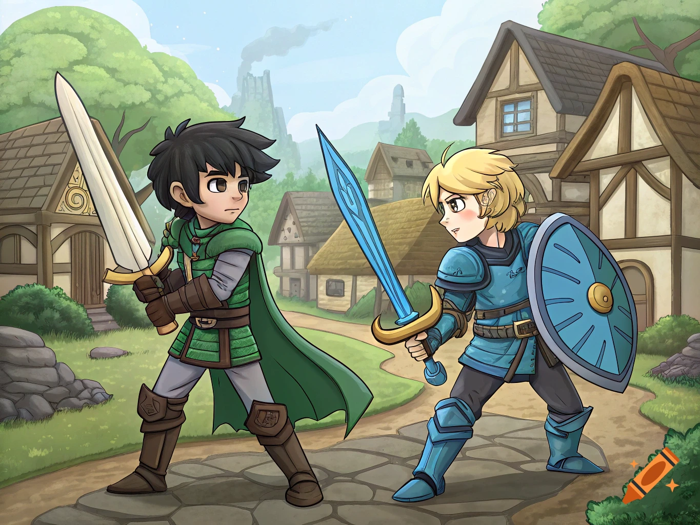 Illustration of two young fantasy characters sparring with swords in a ...