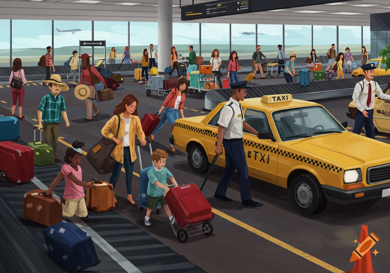 Illustration of people with luggage at an airport loading into taxis on Craiyon