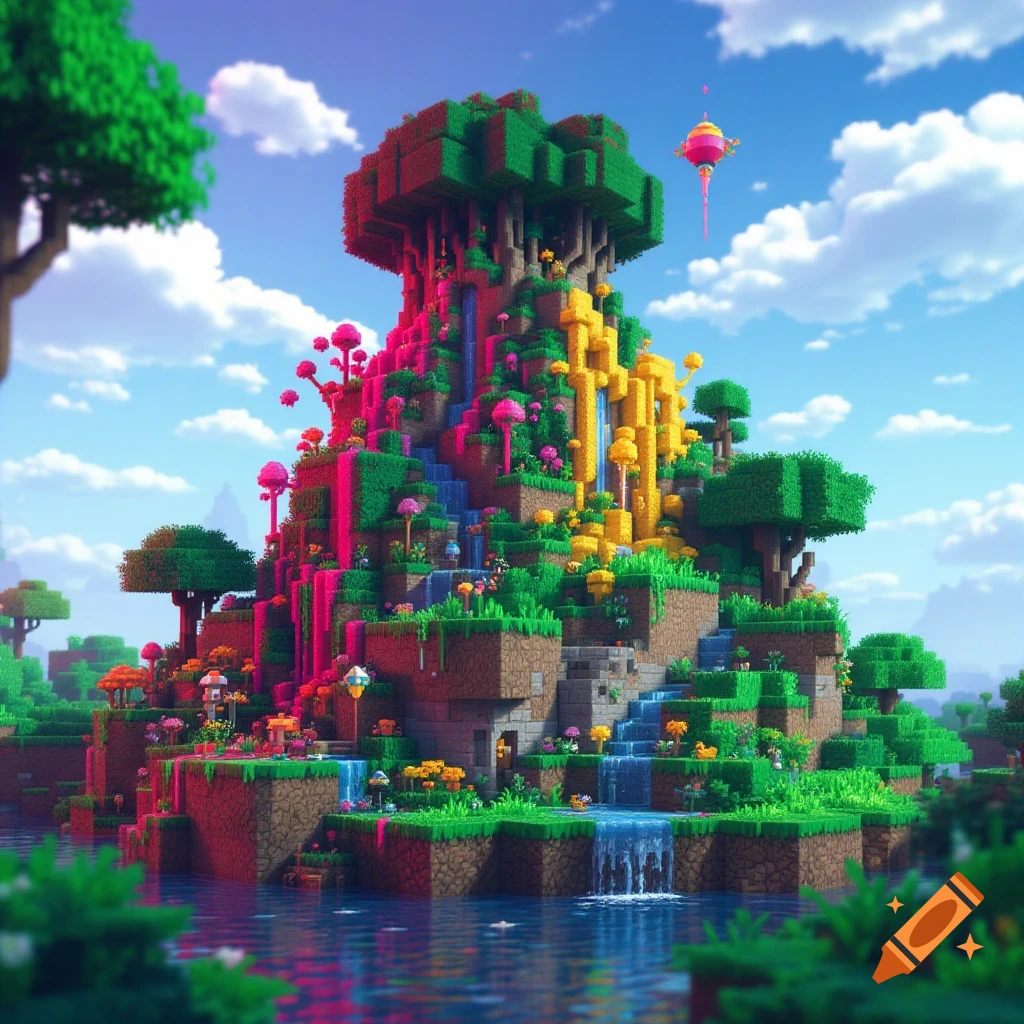 Colorful blocky mountain landscape with waterfalls, trees, and vibrant ...