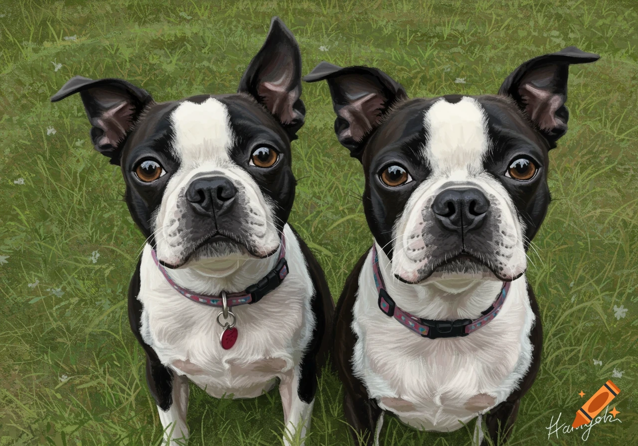 Two Boston Terrier dogs sitting on grass, looking up, digital painting ...