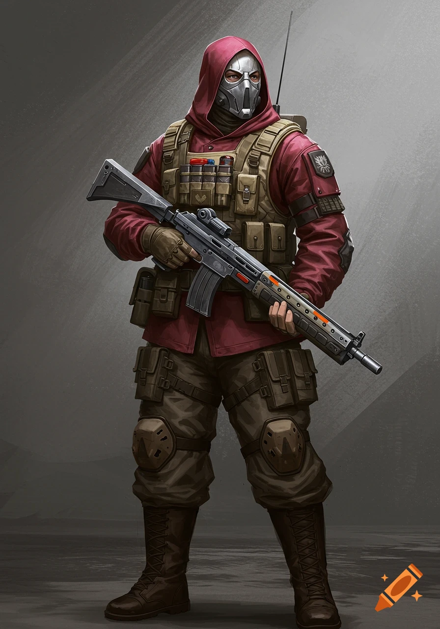 Illustration of a tactical character in a red hood and mask, holding a ...