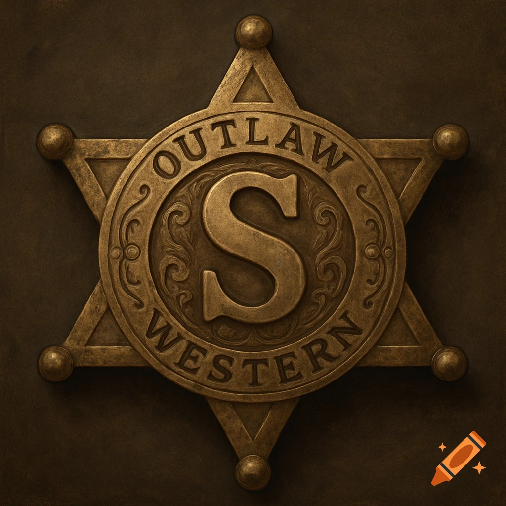 A gold metal badge for a western outlaw group with a large S and the ...