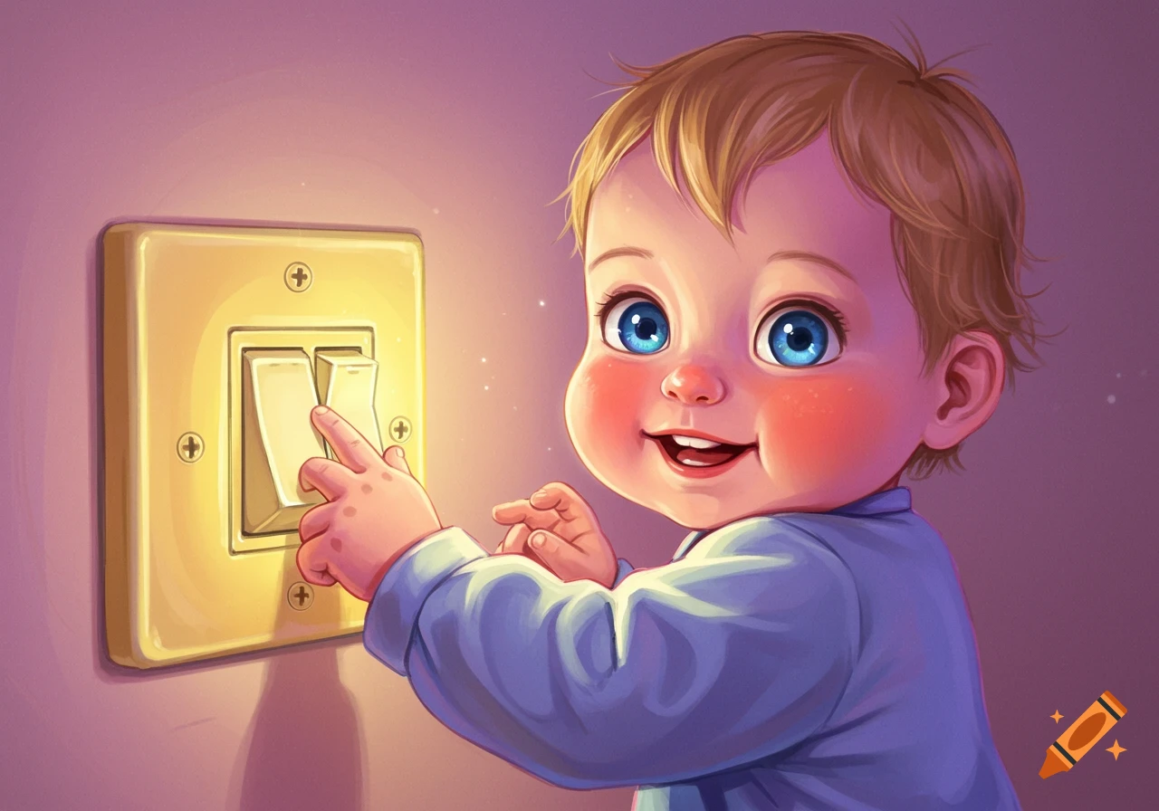 Cartoon illustration of a happy baby reaching for a light switch. on ...