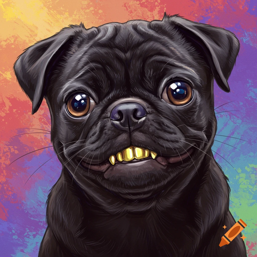 Close-up illustration of a black pug dog with shiny gold teeth, against ...