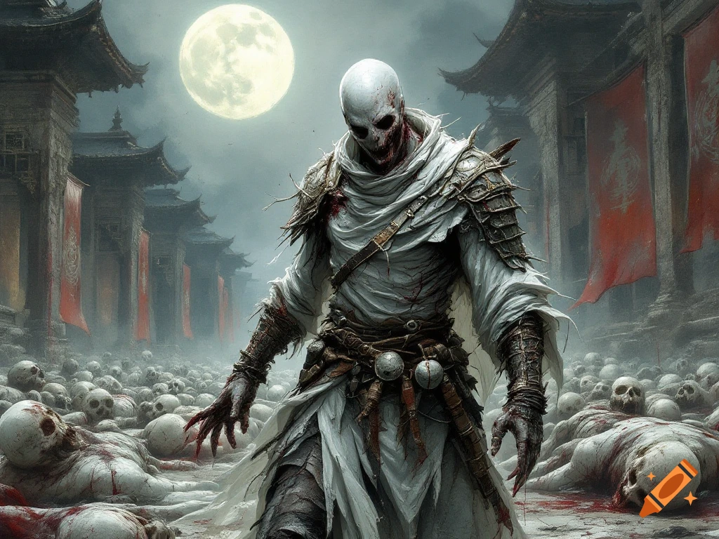 Undead soldier stands over corpses in ruined temple under full moon ...
