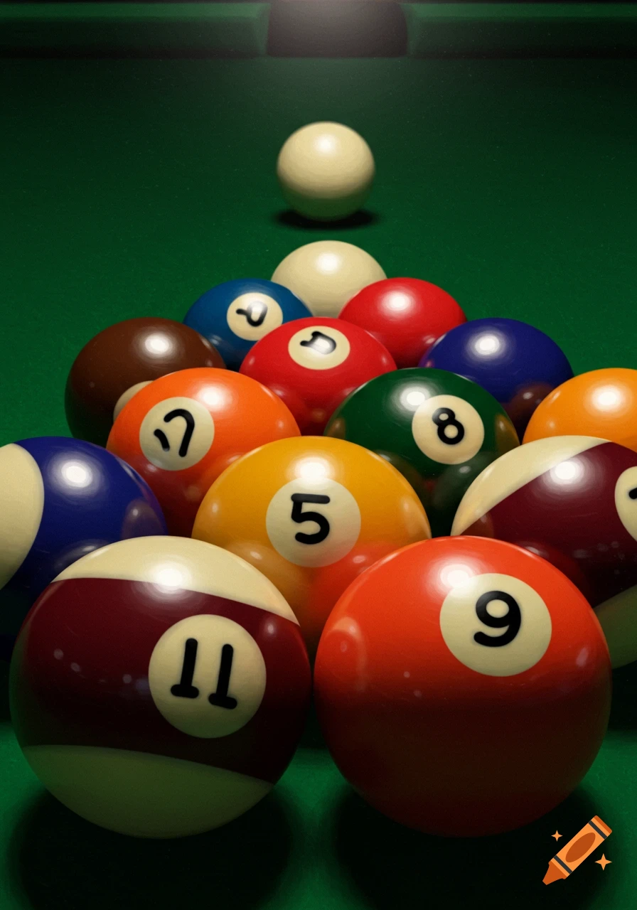 Close-up view of racked billiard balls on a green pool table. on Craiyon