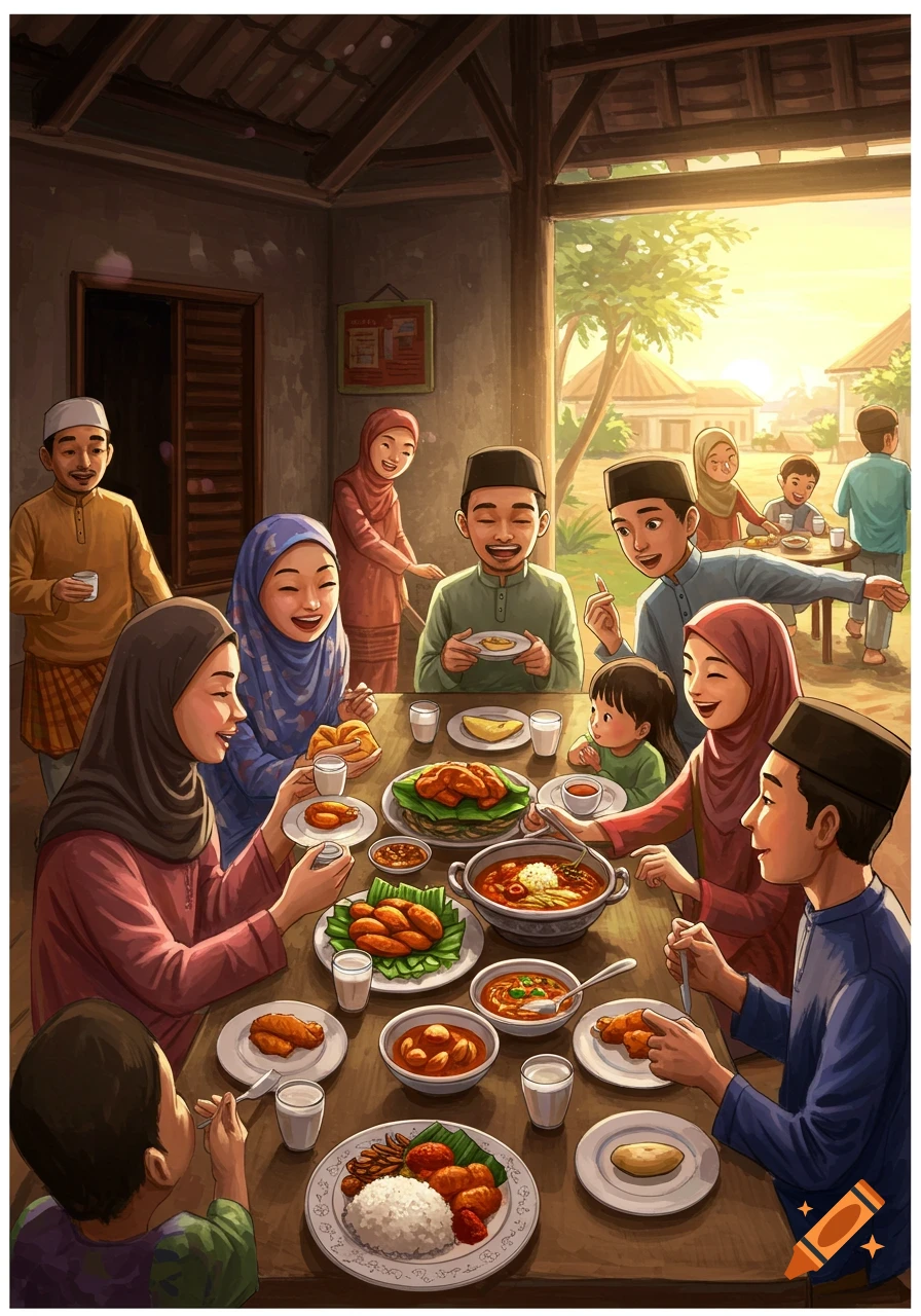 Illustration of a Muslim family eating together at a table, depicting a ...