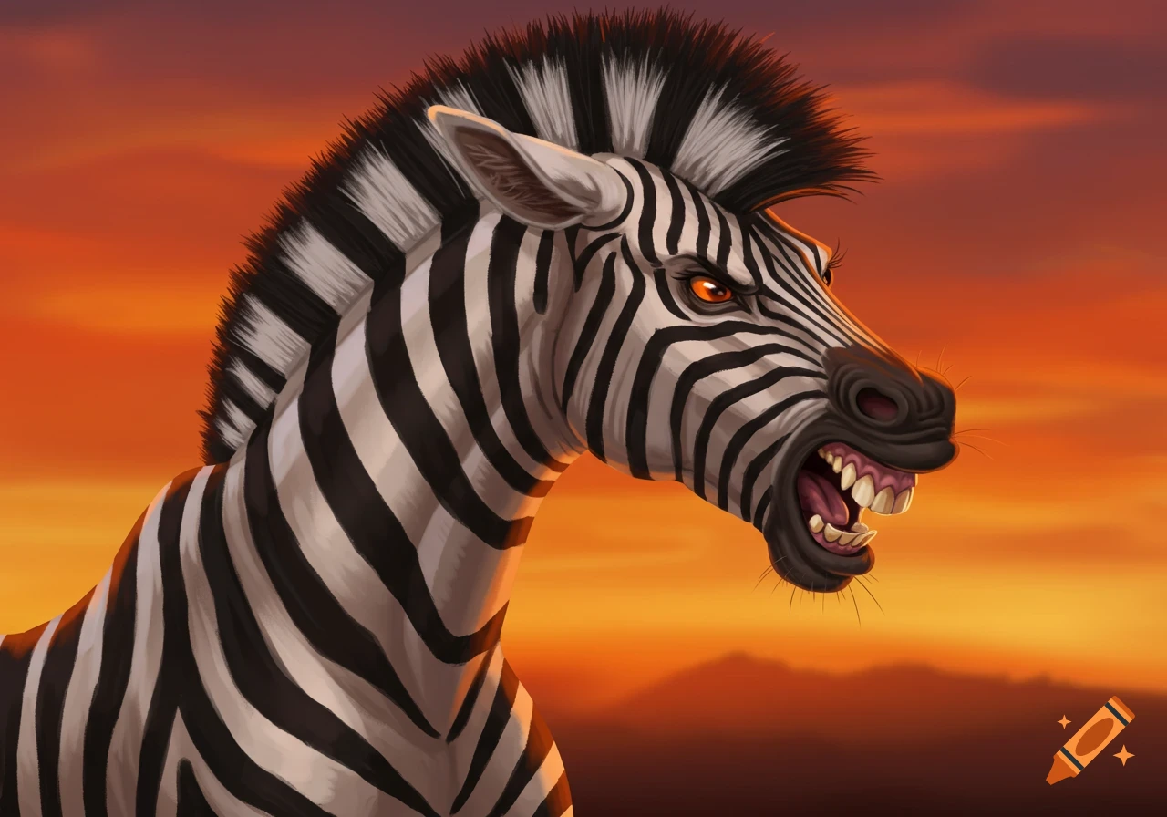 Illustration of an angry zebra against an orange sunset sky. on Craiyon
