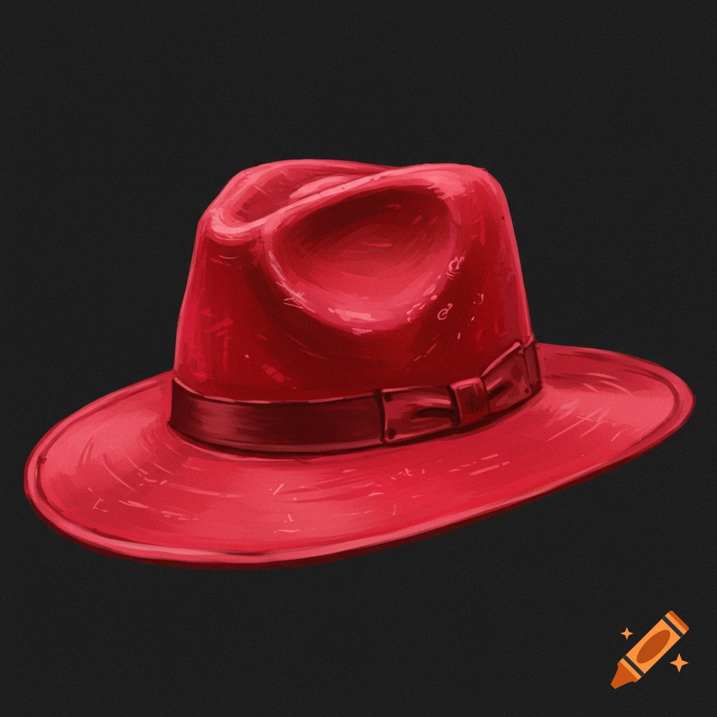 A red fedora hat with a ribbon band, painted in a stylized manner on a ...