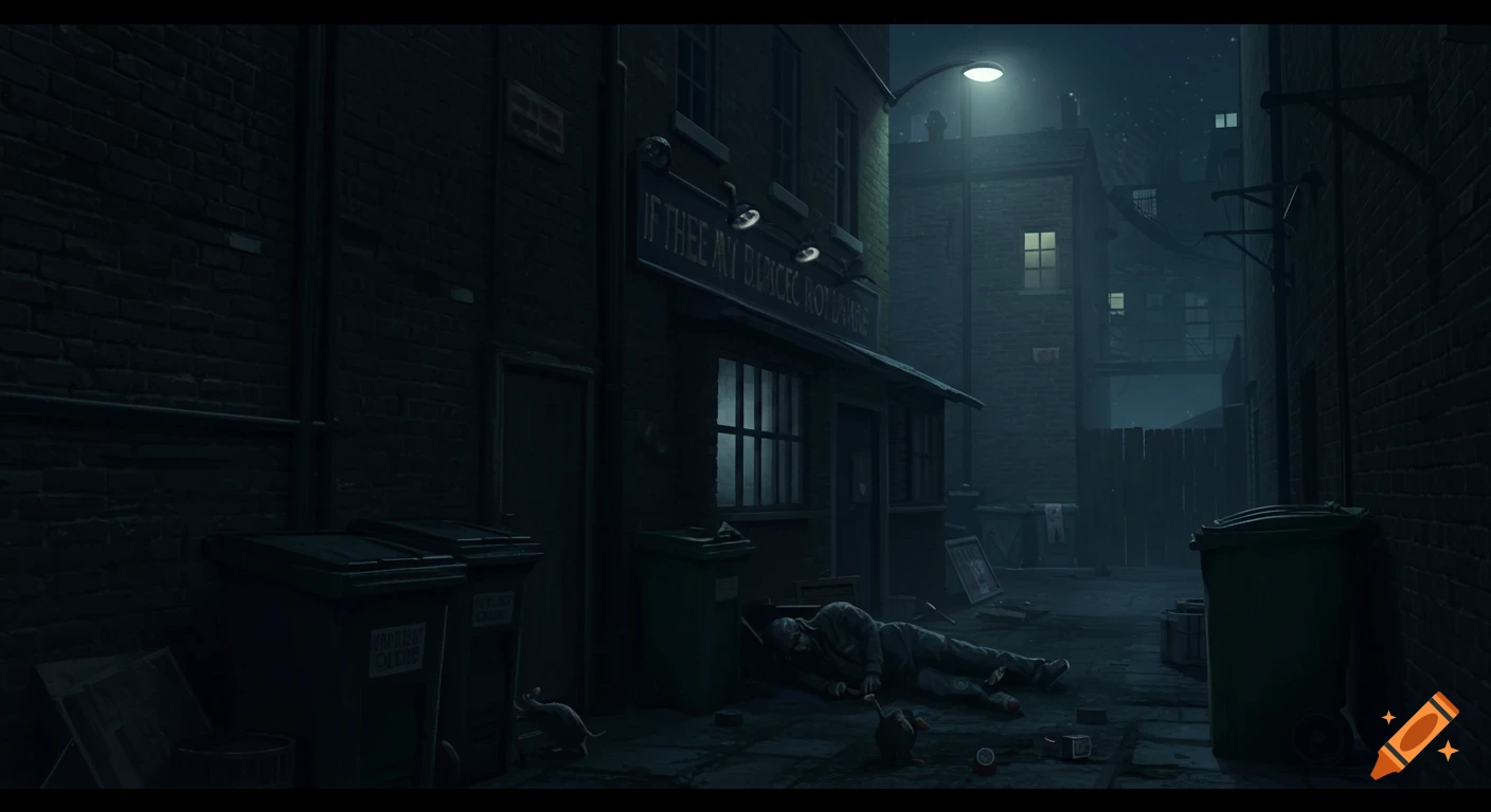 Dark alley at night behind a pub, with a person lying near bins and ...