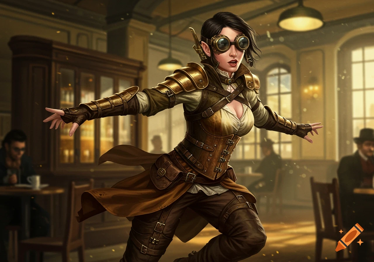 Steampunk woman in armor and goggles strikes a dynamic pose in a ...